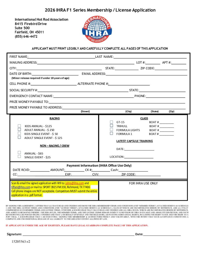 2026 IHRA F1 Series Membership and License Application - IHRA F1 ...